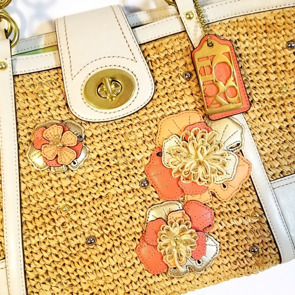 Coach | Bags | Coach Straw Leather Trimmed Handbag Tea Roses | Poshmark